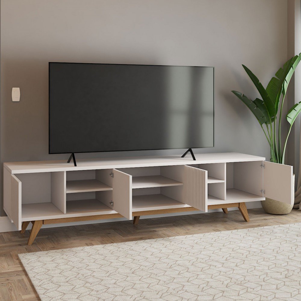 Rack para Tv até 75 Polegadas Silver 4 Portas 1 Prateleira Ripado Cinamomo/off White - Panorama ...