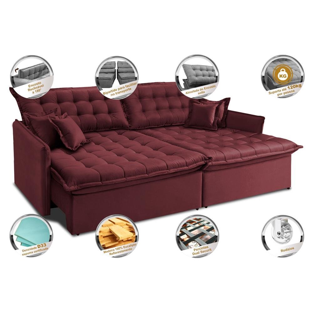 Sofá Sem Caixa Retrátil Reclinável 2,95m Cama inBox Versátil com Pillow Top e Molas Velusoft ...