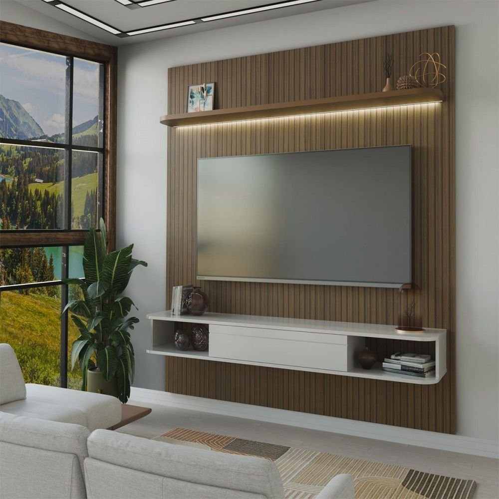 Painel para Tv até 75 Polegadas Colombo 1 Porta com Led Ripado 3d Pinho/off White - Panorama ...
