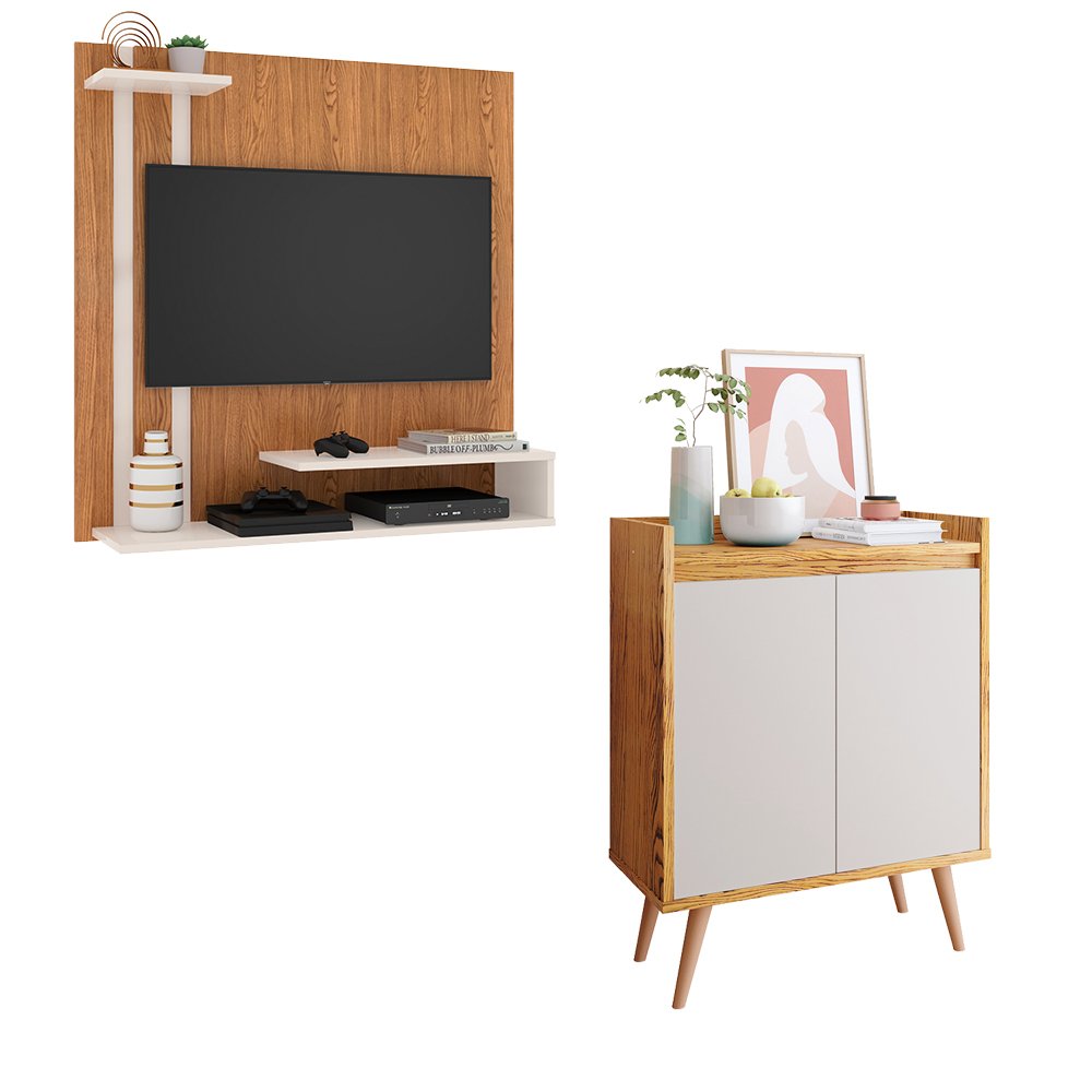 Conjunto Sala com Painel para TV 32 Polegadas Smart Plus e Aparador Buffet Retrô 2 Portas Barthô ...