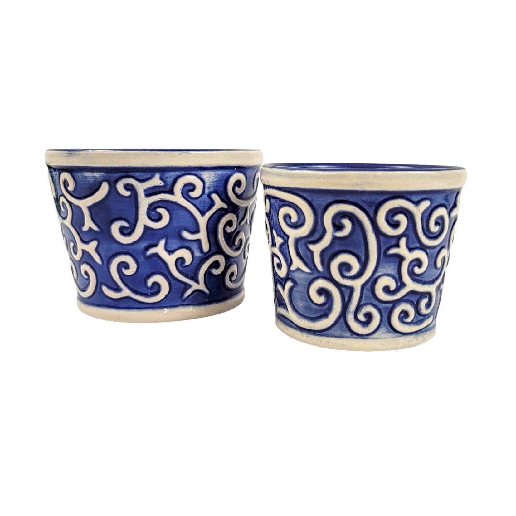 Vaso Decorativo Azul e Branco Grego Cactus 13/10cm Kit 2pc | MadeiraMadeira