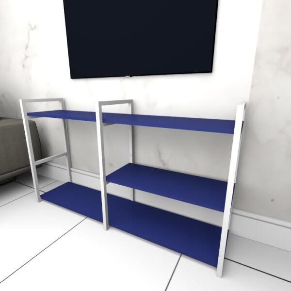 Rack Estilo Industrial Aço Cor Branco MDF 30cm Cor Azul Escuro Modelo ...