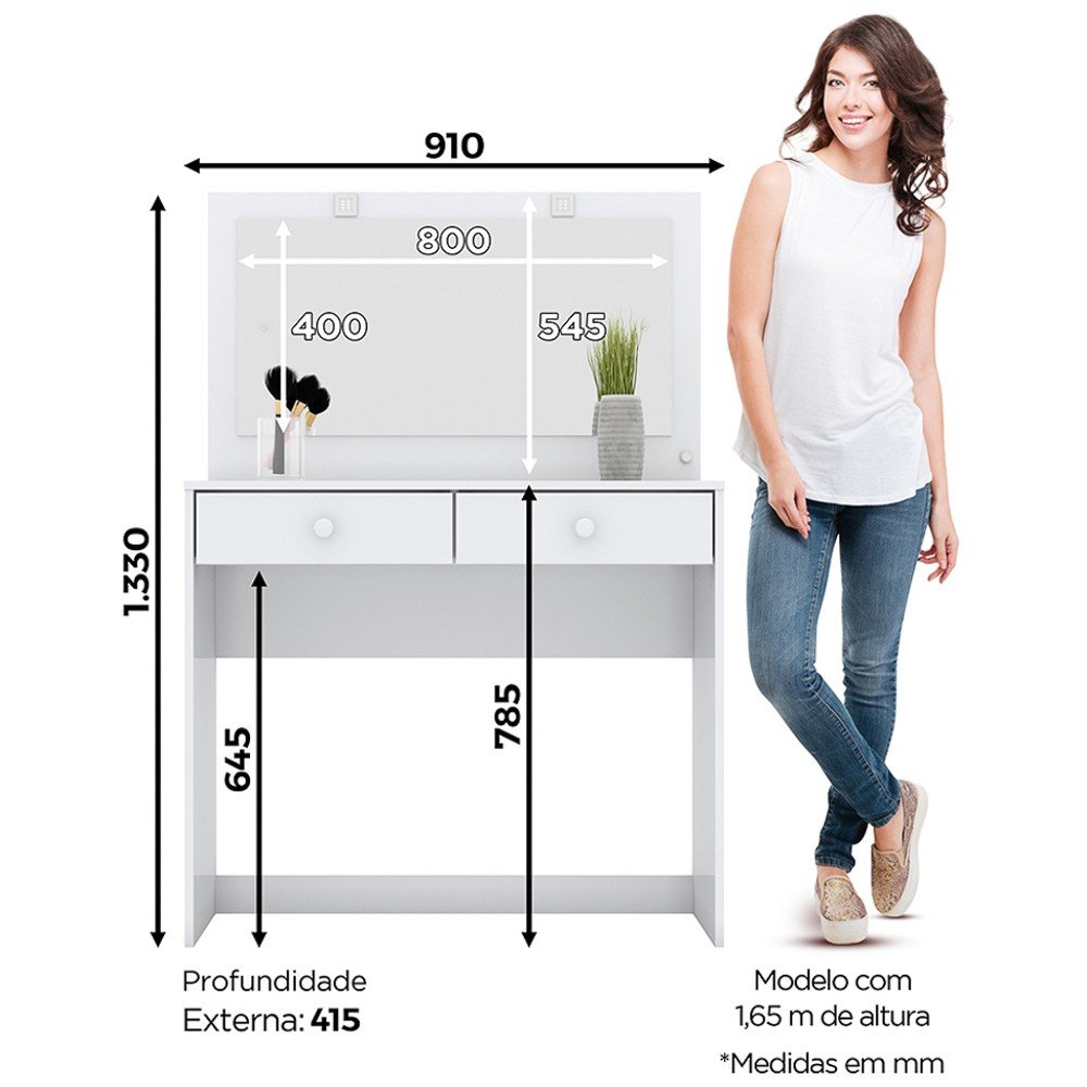 Penteadeira Camarim Com Espelho 2 Gavetas Naila Branco - Mpozenato | MadeiraMadeira