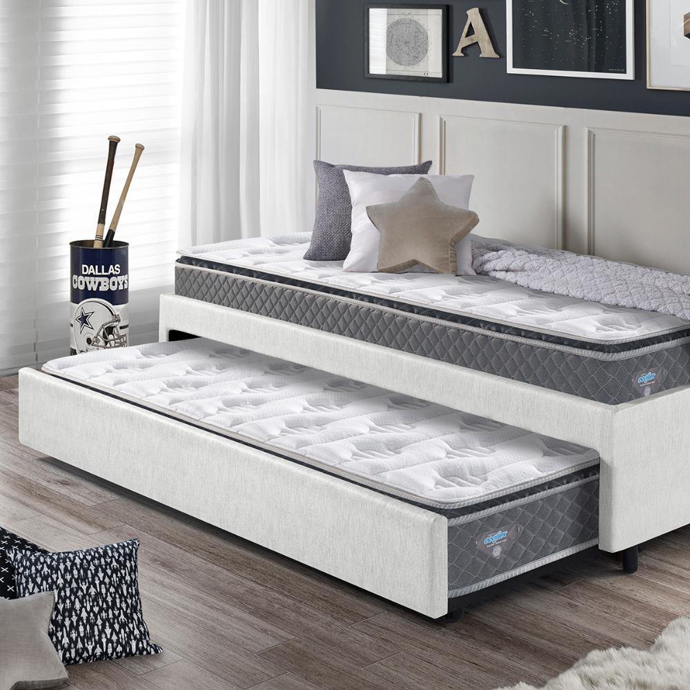 Bicama Box Solteiro Courino Linho Branco 88x188 com Dois Colchões Molas ...