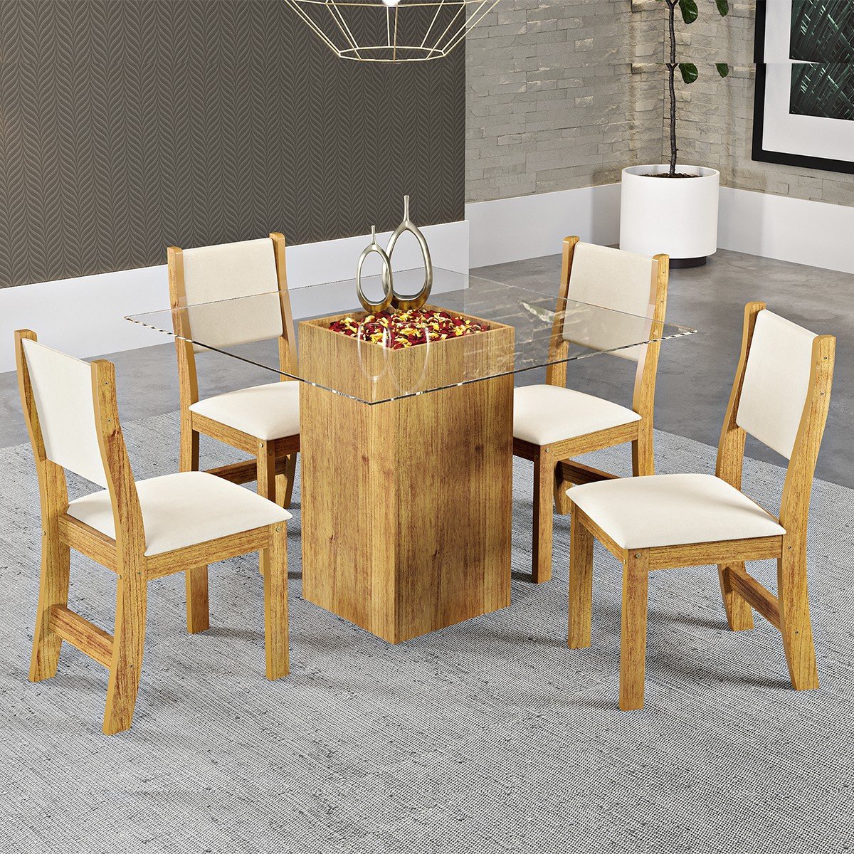 Mesa de Jantar Quadrada Mailin com 4 Cadeiras Sol Mel/bege - Casa ...
