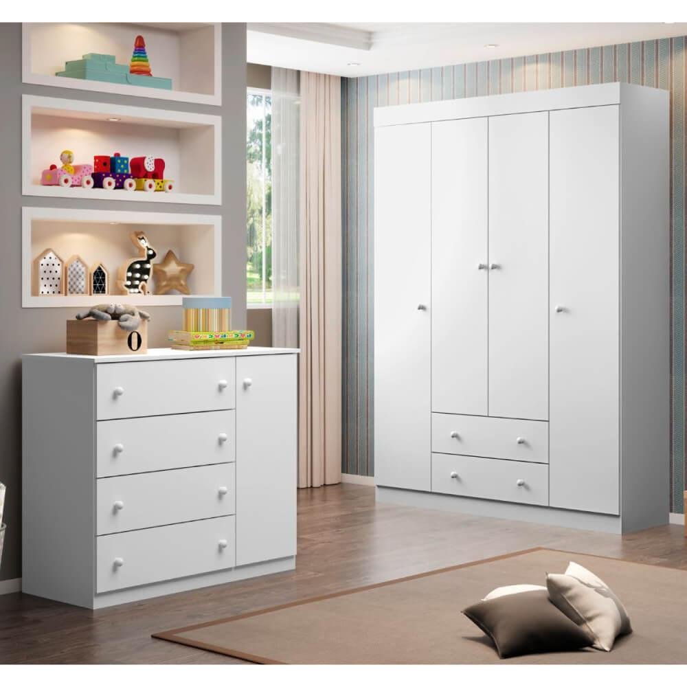 Guarda-Roupa Infantil Eliza e Cômoda com 4 Gavetas - Branco ...