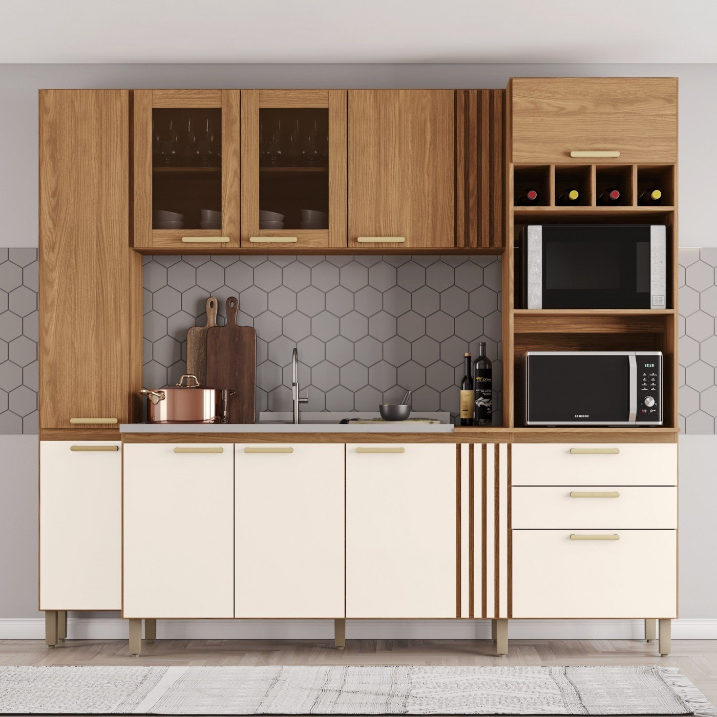 Cozinha Compacta Bc01-127 10 Portas 2 Gavetas Nature/off White - Briz Henn | MadeiraMadeira