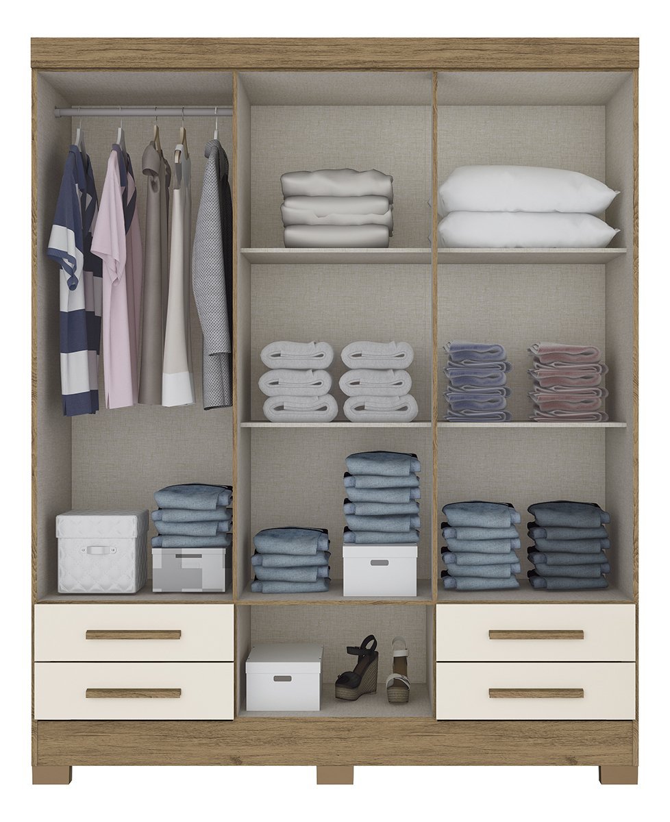 Roupeiro Casal Com 6 Portas 4 Gavetas E Espelho B63 Rústico / Off White ...