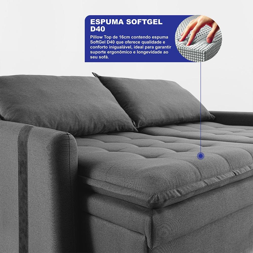 Sofá Baú sem Caixa Retrátil 2,00m Softgel Bonnie Linho Cinza Escuro Cama Inbox | MadeiraMadeira