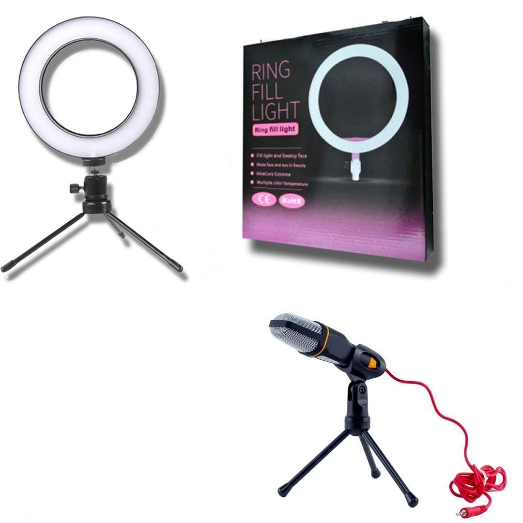 Conjunto Audiovisual - Ring Light 6 Polegadas com Tripé 16cm + Microfone Sf-666 Youtuber ...