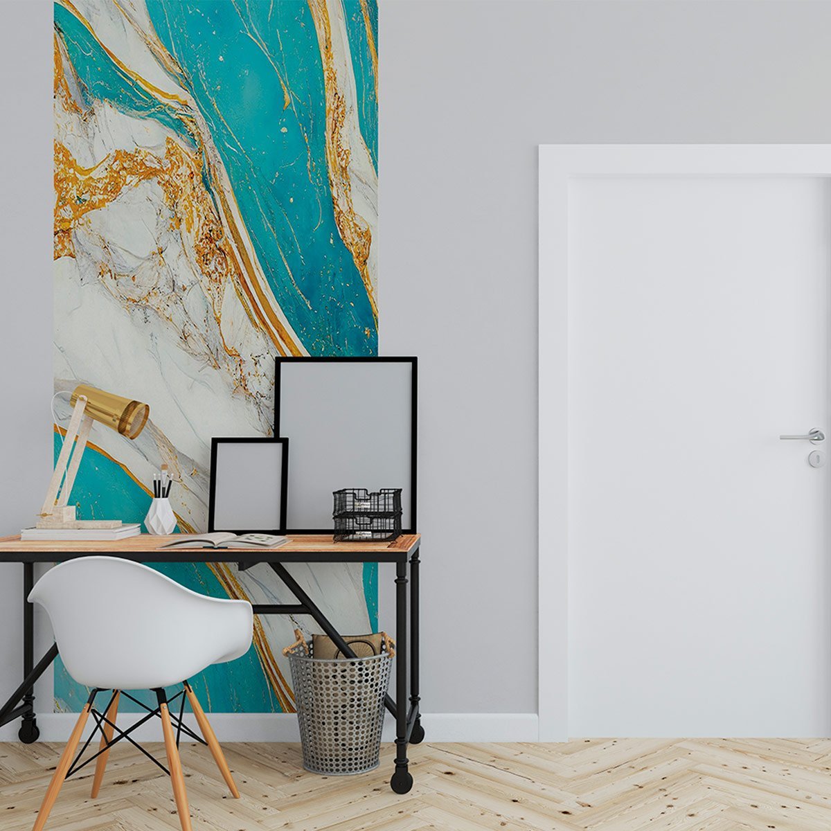 Papel de Parede Painel 3D Mármore Branco Azul e Amarelo 1M Auto Colante ...