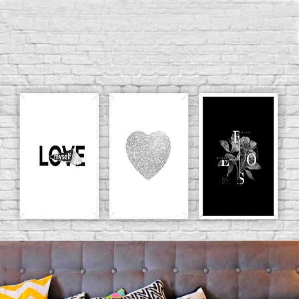 KIT 3 QUADROS DECORATIVOS LOVE PRATA - Preta - 25x40 cm | MadeiraMadeira