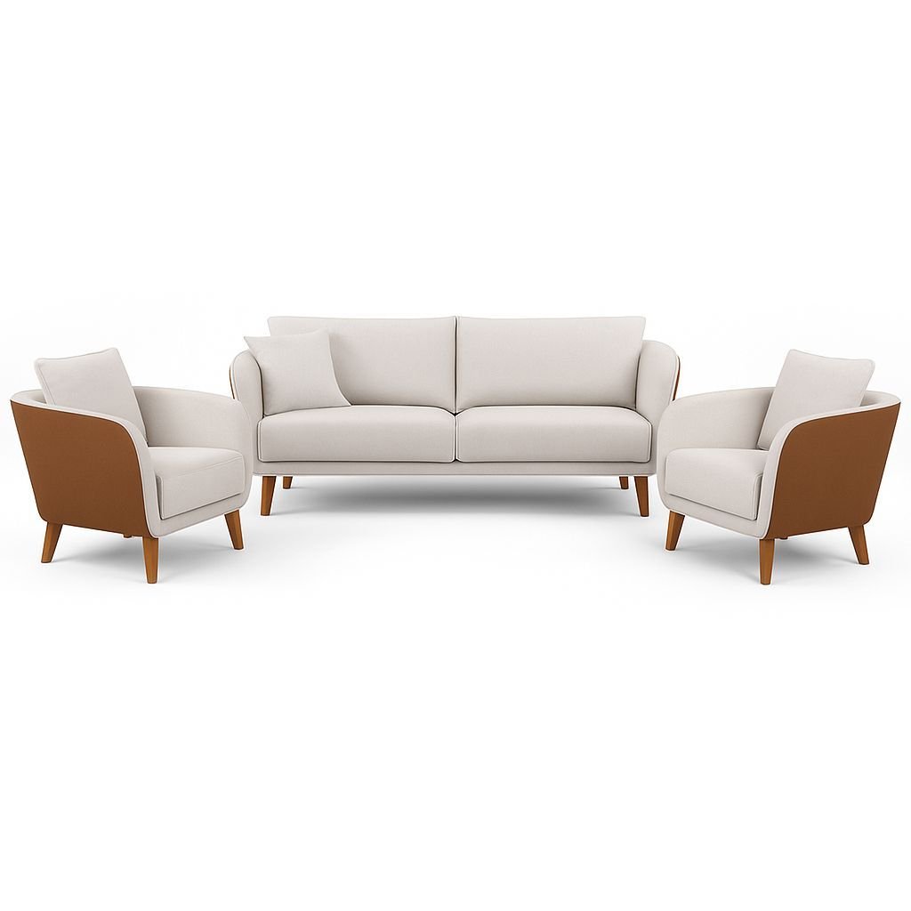 Conjunto Sofá Living Hórus e Duas Poltronas Tecido Composê Linho Cru e Marrom Terracota 1,70m ...