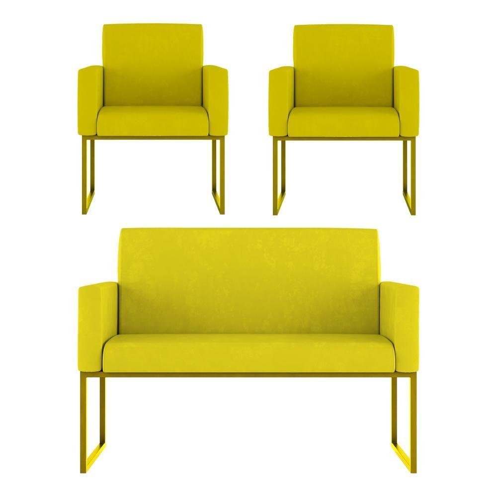 Kit Poltronas Namoradeira Lugares Recepção Base Dourada Amarelo ...