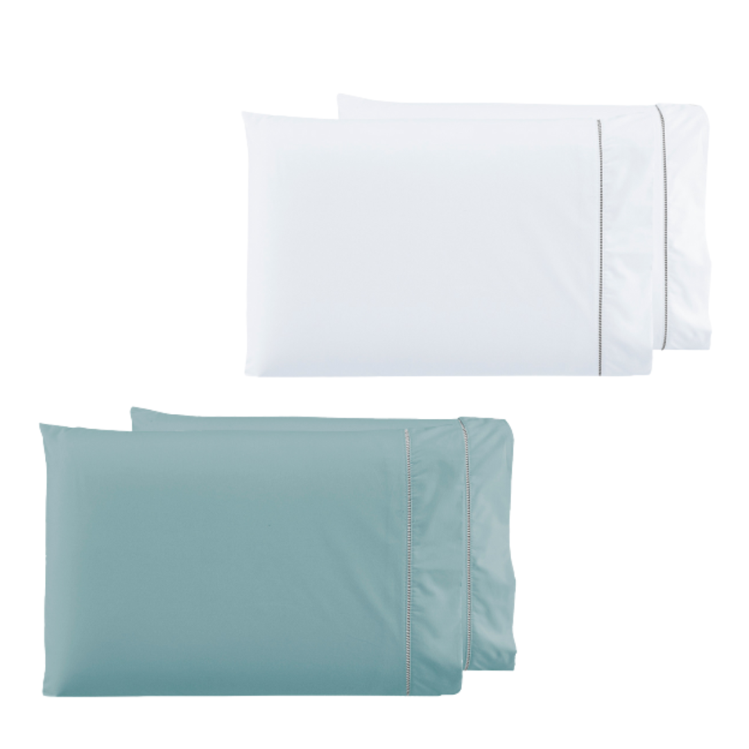 Kit 4 Fronhas Ponto Palito Percal 600 Fios Callandra Cor:Azul e Branco ...