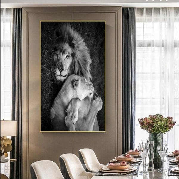 Quadro Decorativo Animais Lions Love com Moldura Dourada 90x60 ...