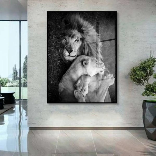 Quadro Decorativo Animais Lions Love com Moldura Preta e Vidro - 100x70 ...