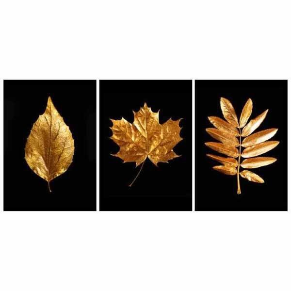 Quadro Folhas Secas Preto e Dourada - Kit 3 telas - 60 x 40 cm - Chassi ...