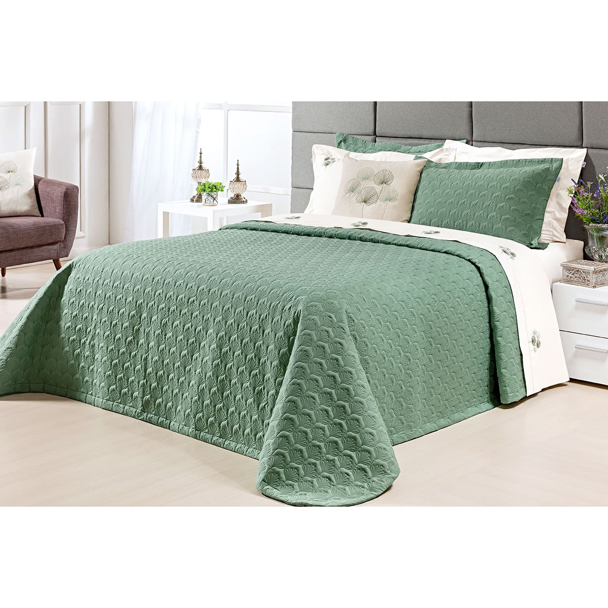 Colcha Lisa Super King Verde Micro Percal Peletizado 200 Fios + Jogo de ...