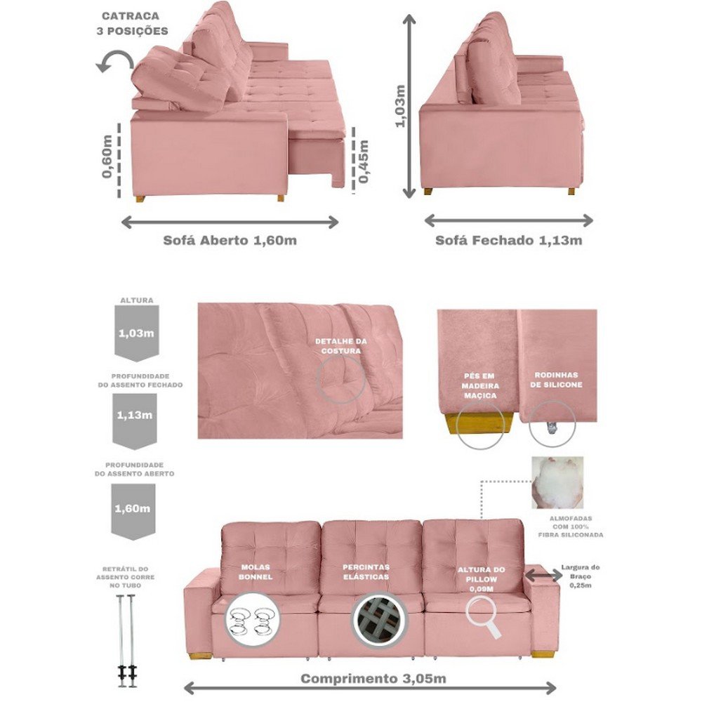 Sofá Manaus Modular 6 Lugares Retrátil e Reclinável Veludo Nobre 3.05 MT Sofatec | MadeiraMadeira