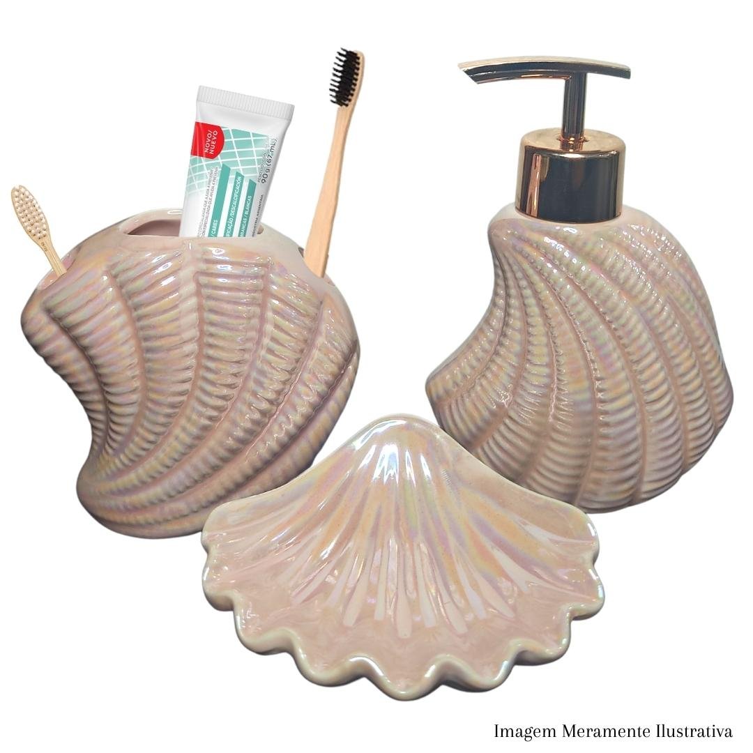 Kit Lavabo Rosa Perolado 3 Peças Conchas do Mar Porta Escovas Decoração ...
