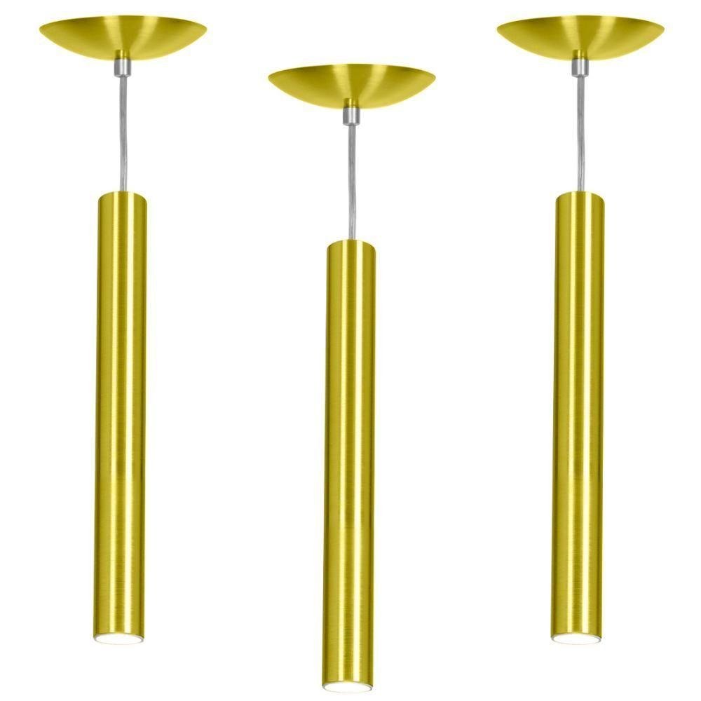 Kit 3 Pendente Tubo Cilindro Alumínio Dourado 40cm + Led 3k ...