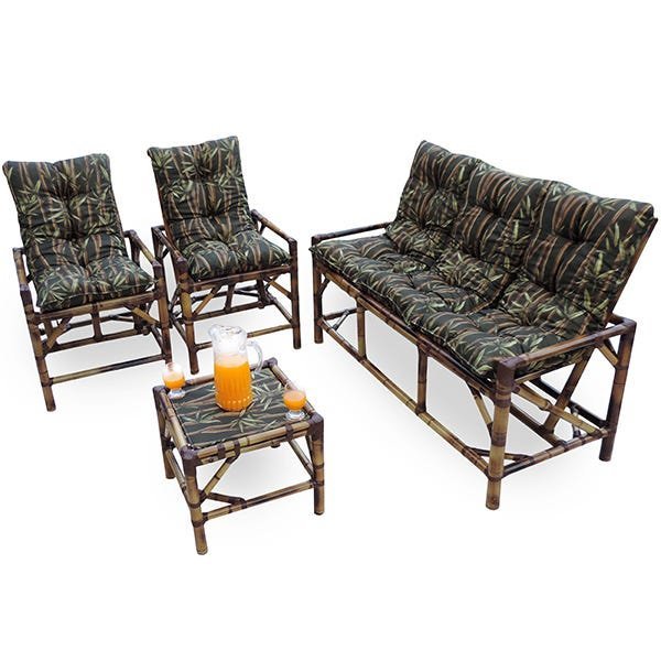 Kit Sofá e Cadeiras de Bambu 5L com Almofadas Bambu Escuro | MadeiraMadeira