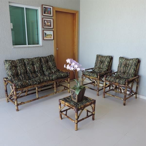 Kit Sofá e Cadeiras de Bambu 5L com Almofadas Bambu Escuro | MadeiraMadeira