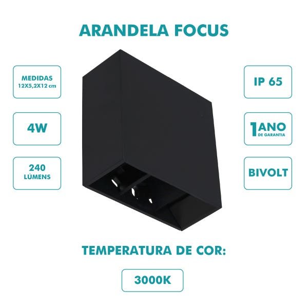 Arandela LED Focus Facho Duplo Ajustável 4W 3000K Preta | MadeiraMadeira