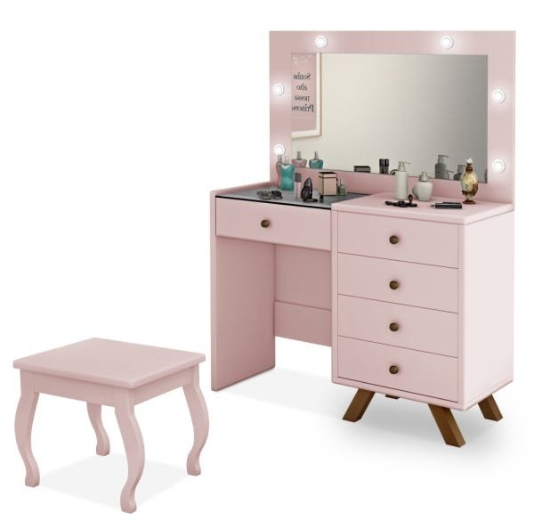 Penteadeira Camarim com espelho banqueta LED Luapa Luna - Rosa ...