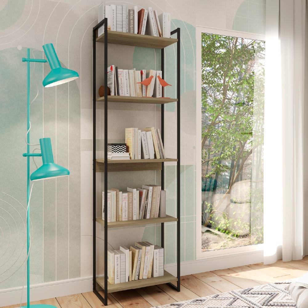 Estante Alta Tubo Preto e Tampo Noce Carraro | MadeiraMadeira