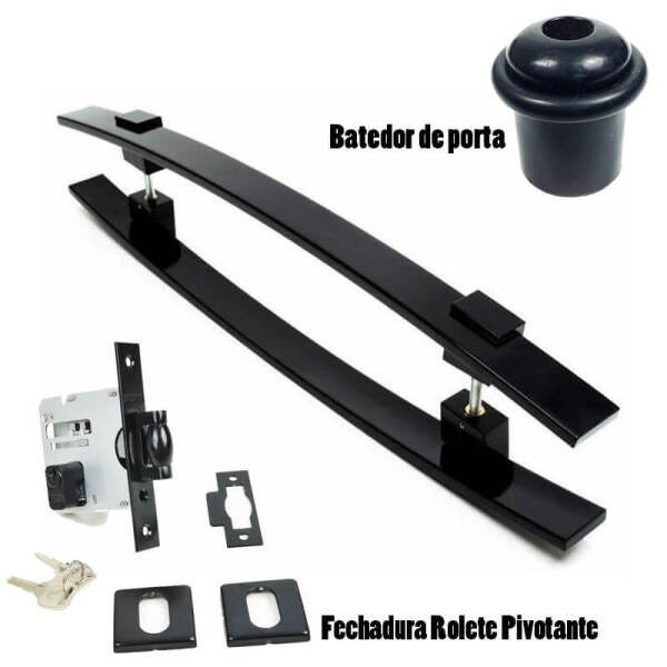 KIT PUXADOR PORTA PIVOTANTE ( ALBA ) AÇO INOX PRETO + FECHADURA ROLETE ...