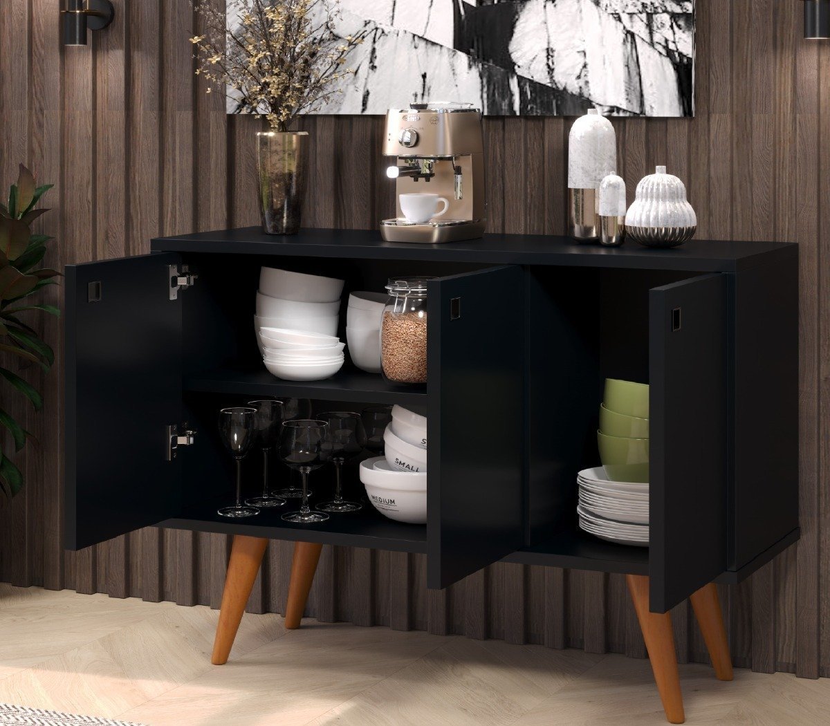 Armário Preto De Madeira Espaçosa Nico Decore Buffet 2 portas multiuso ...