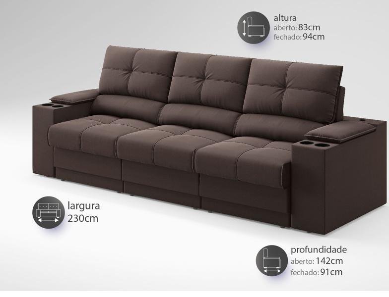 Sofá com Porta Copos e Carregador USB Retrátil e Reclinável Ringo 2,30m ...