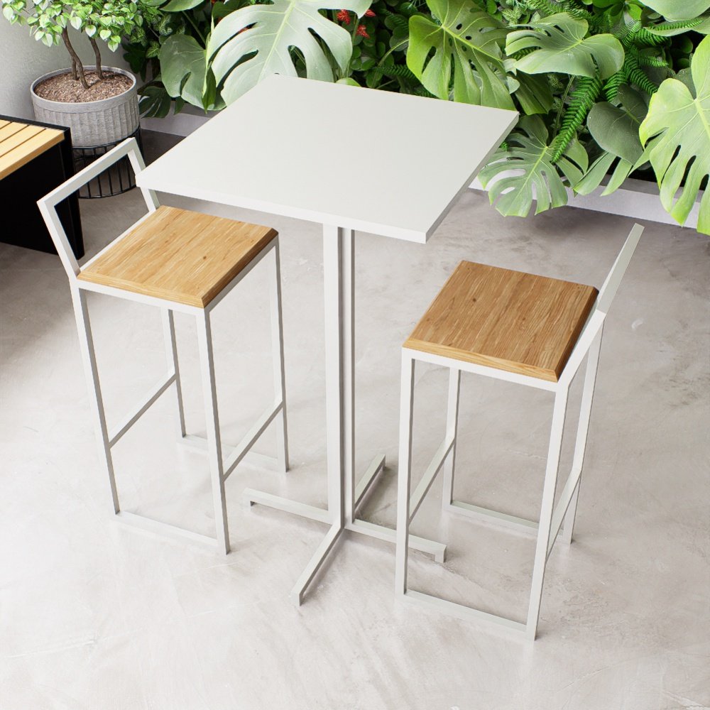 Conjunto Mesa Alta Bar Bistrô Quadrada Branca 2 Banquetas Confort Pinus Industrial White Don ...