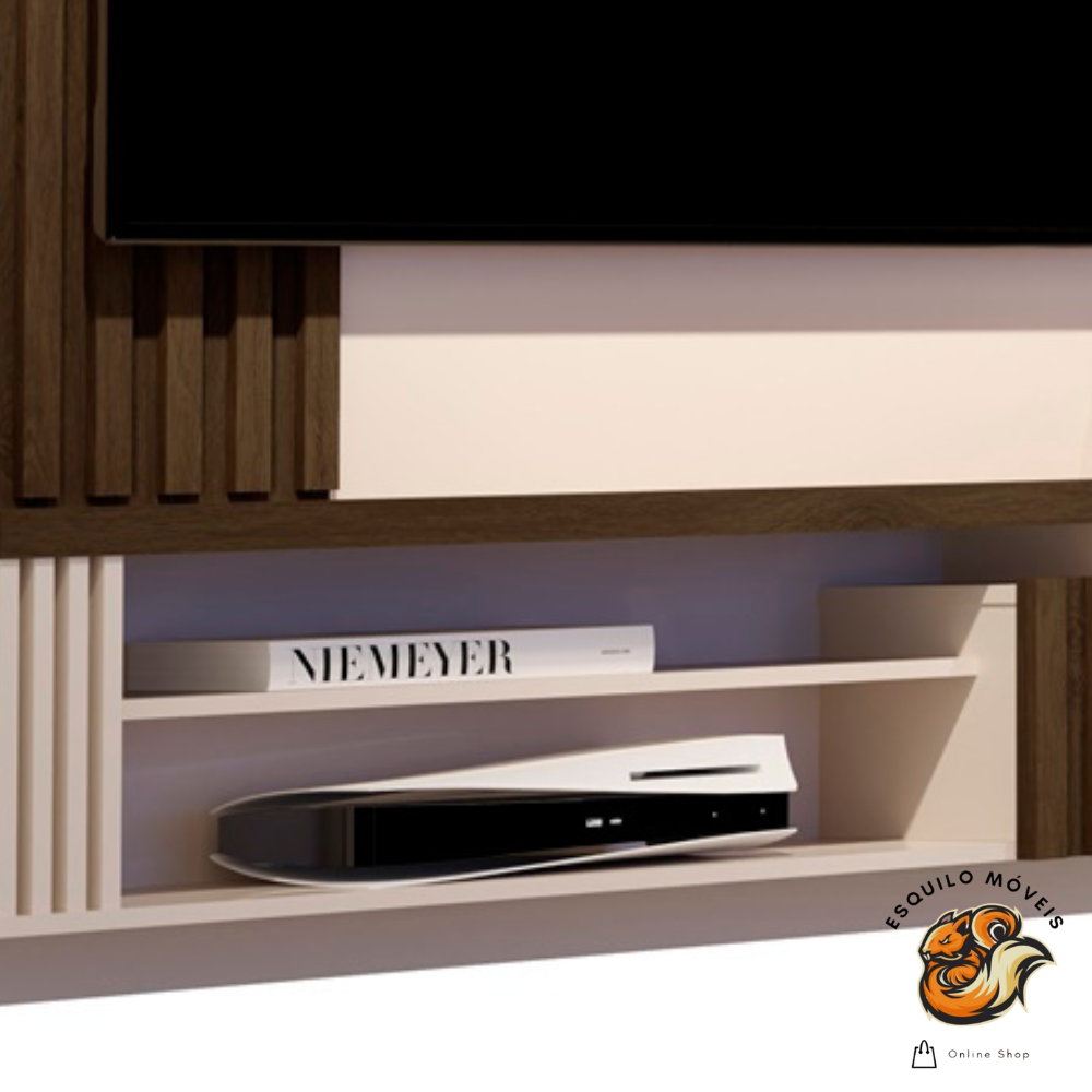 Painel Muller Wood Ripado TV 60" Sala Quarto Off White Cedro Germai | MadeiraMadeira