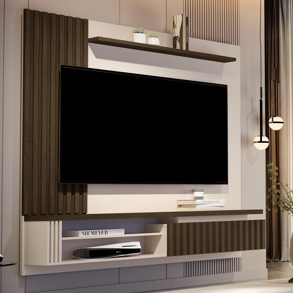 Painel Muller Wood Ripado TV 60" Sala Quarto Off White Cedro Germai | MadeiraMadeira