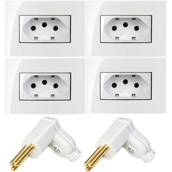 4 Tomada Movel Embutir 3 Pinos 10a Branco + 2 Plug Macho 3 Pinos 10a 90 ...