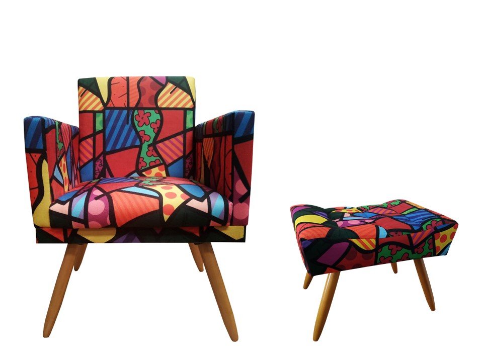 Kit Poltrona Decorativa Bia + Puff Retangular Suede Romero Brito Pés Madeira Ms Decor ...