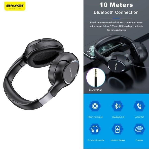 Fone Ouvido Bluetooth 5.0 Original Awei A770Bl Headphone Stereo Bass ...