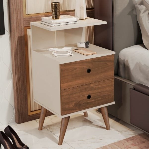 Mesa de Cabeceira Grimes 2 Gavetas e Tomada Branco Off White Madeirado ...