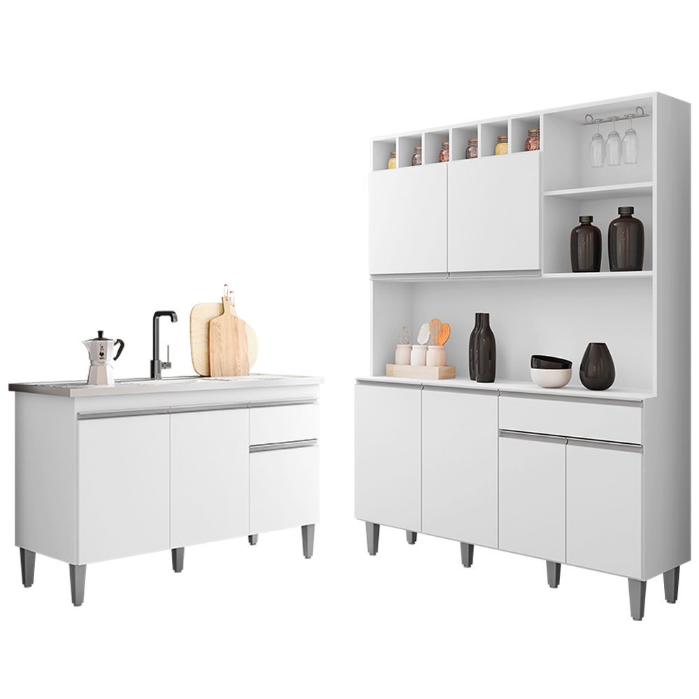 Cozinha Compacta Alice e Balcão Gabinete Sem Tampo Tatiane 120cm Branco ...