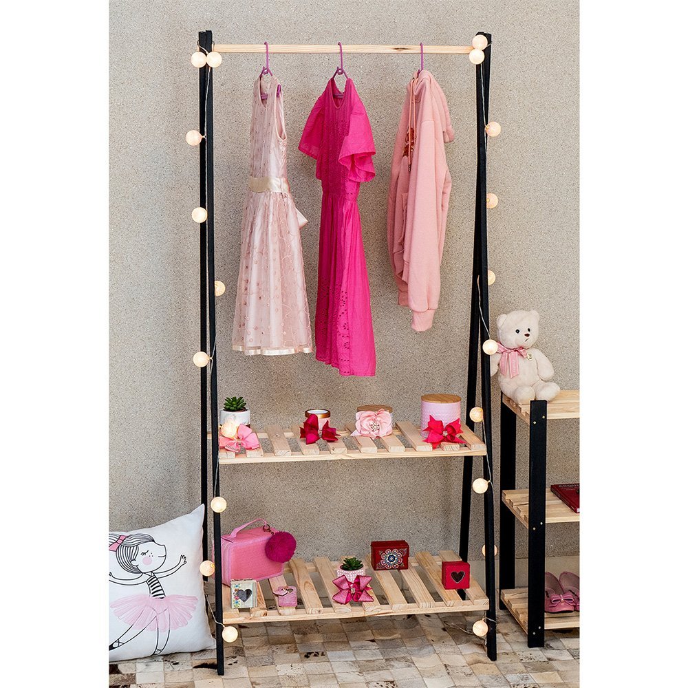 Arara de Roupas 71cm em Madeira Maciça Pinus Natural e Preto ...