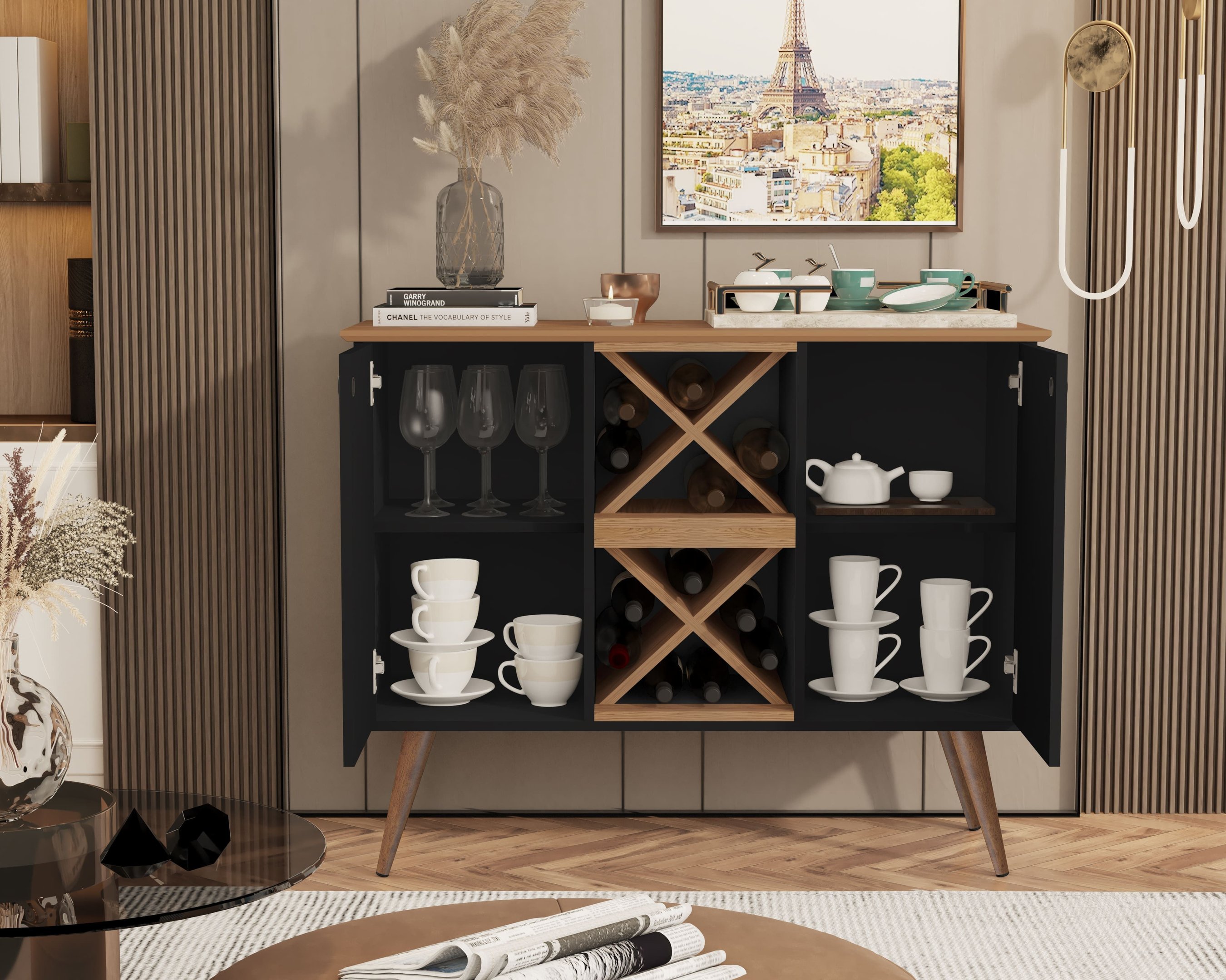 Aparador Buffet Elegance Adega 2 Portas Pés Retrô - Preto com Nature | MadeiraMadeira