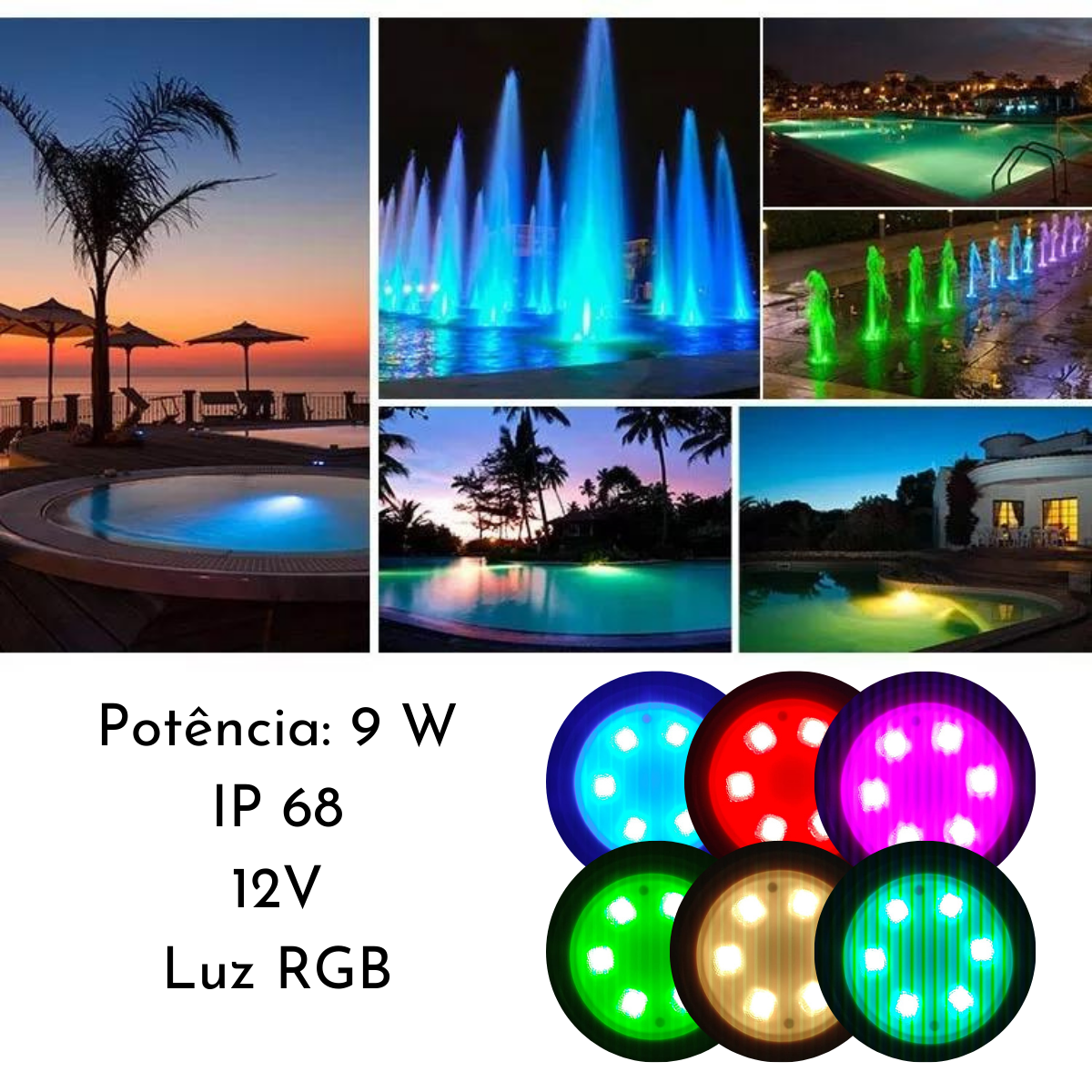 Kit 4 Lâmpadas Luzes Luminárias Redondas Coloridas RGB De 6 Leds 9W 12V ...