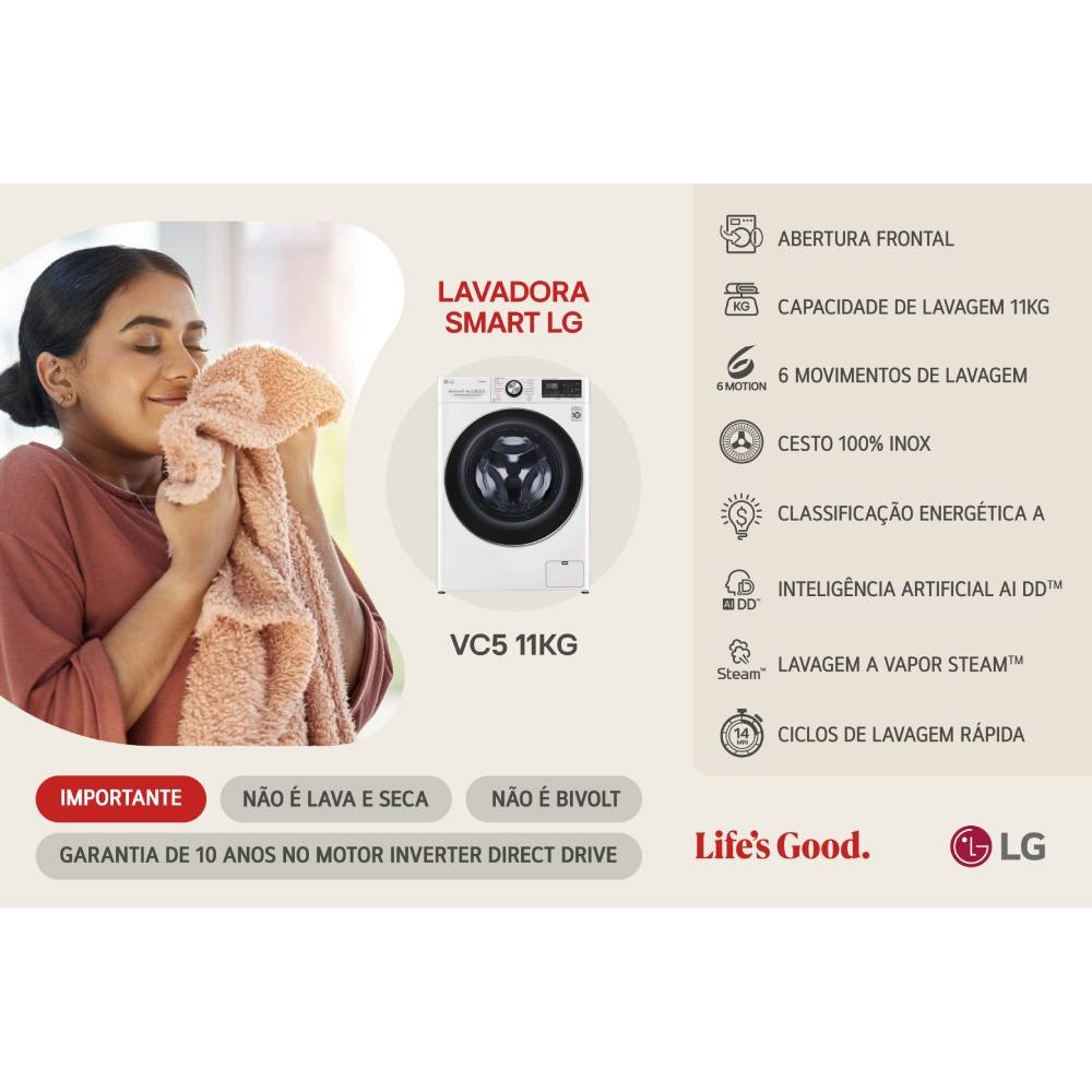 Lavadora de Roupas Smart LG com Inteligência Artificial AIDDTM 11 kg ...