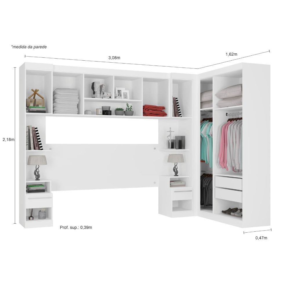 Quarto Modulado Casal de Canto 9 Portas 4 Gavetas Com Ponte de 1,80m ...