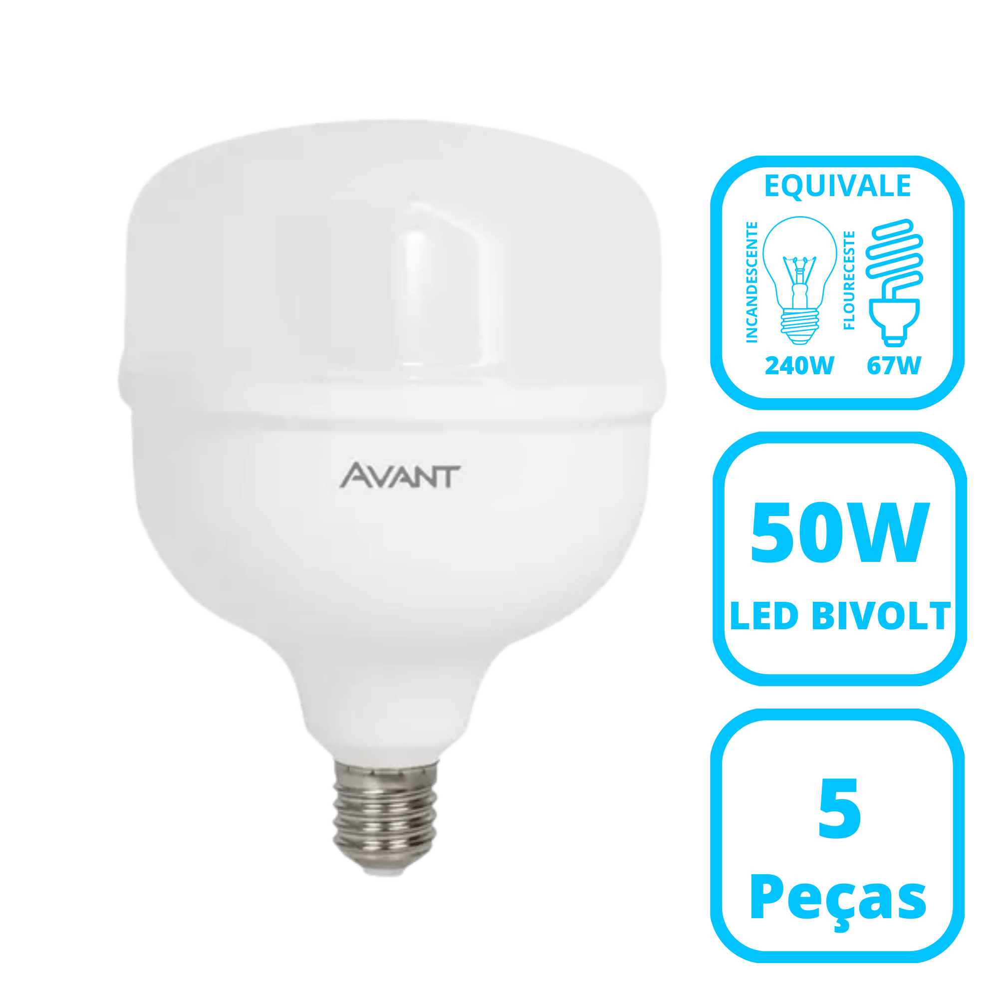 Kit 5 Peças Lampada Bulbo Led 50w Alta Potência Luz Branca 6500k E27 ...