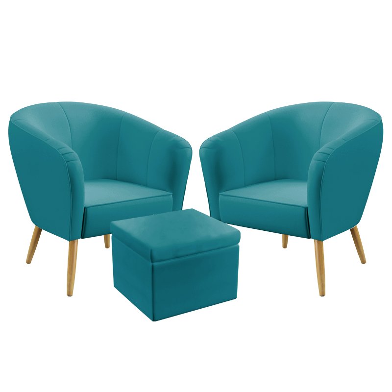 Kit 2 Poltronas Vênus Detalhada com Puff Quasar Suede Azul Turquesa ...