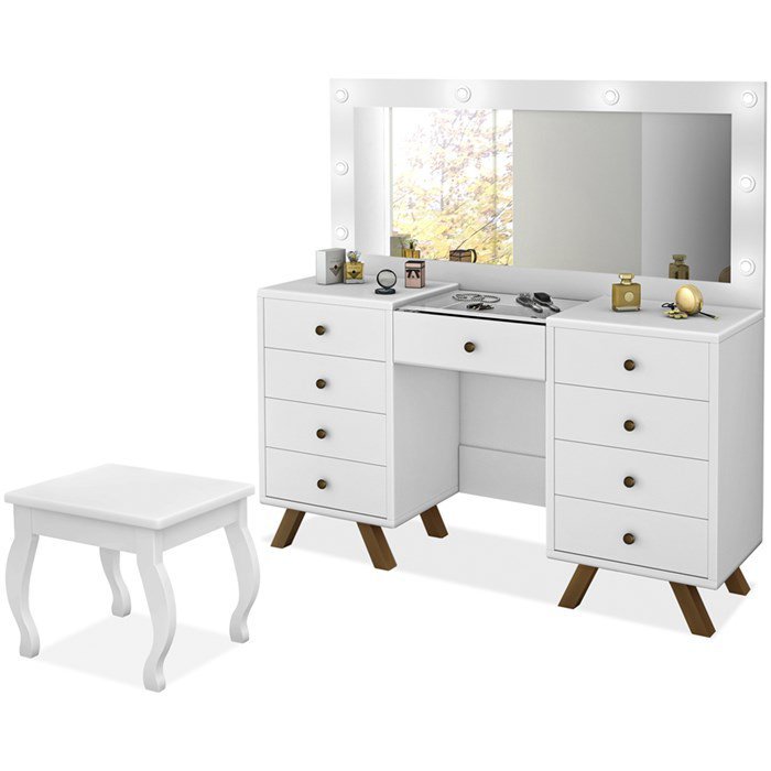 Kit Penteadeira com Banqueta em Mdf 00808900x022034 Branco Lpa | MadeiraMadeira